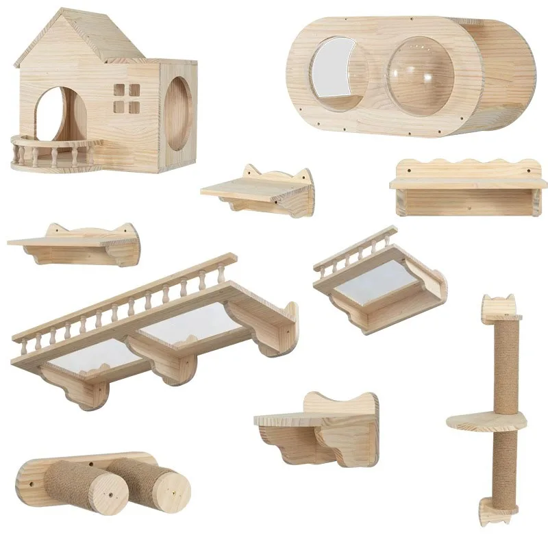 Wall-Mounted-Solid-Wood-Climbing-Frames-Set-Scratching-Post-Tree-Cats ...