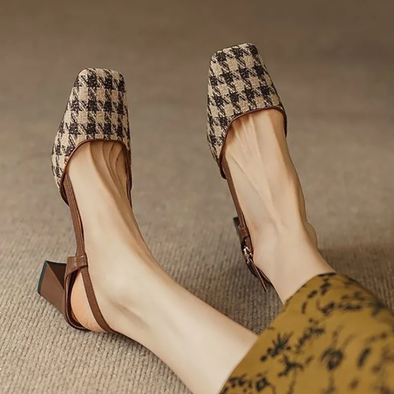 New-Women-s-Sandals-Plaid-Costume-Tweed-Slingbacks-High-Heels-Square ...