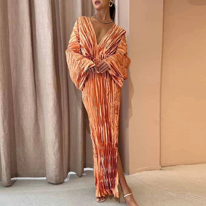 Lady-Solid-Color-Pleated-Design-Split-Dress-Elegant-Casual-V-Neck ...