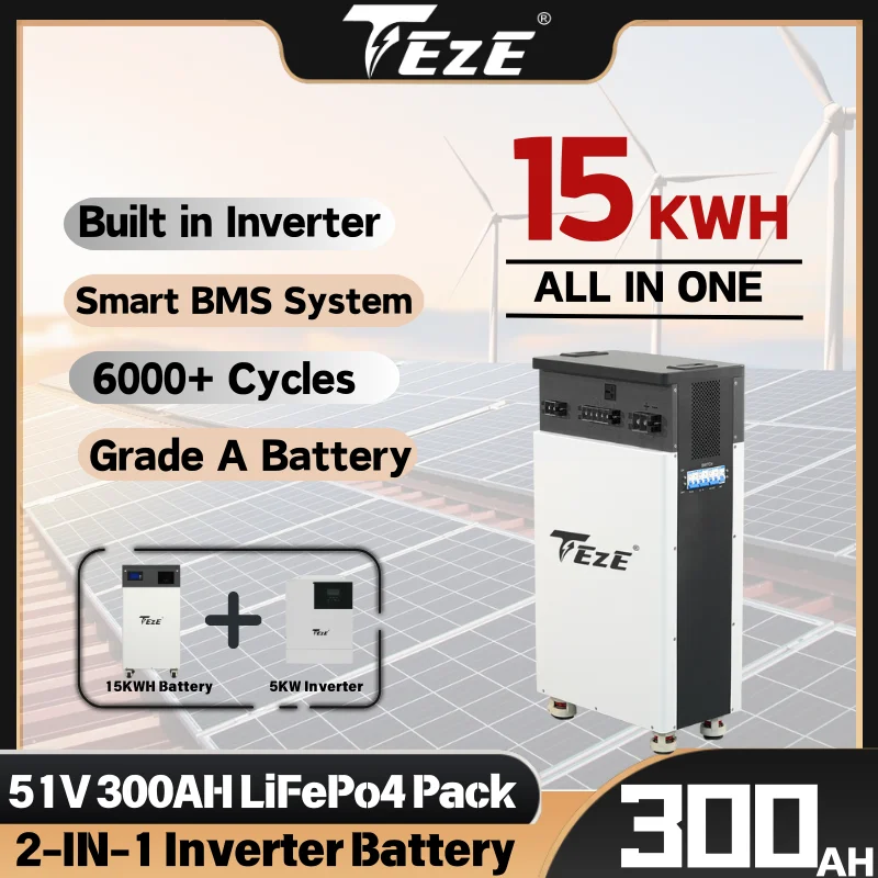 TEZE 48V 51.2V 300Ah 15KWH All In One LifePo4 Batteria incorporata 5KW ...