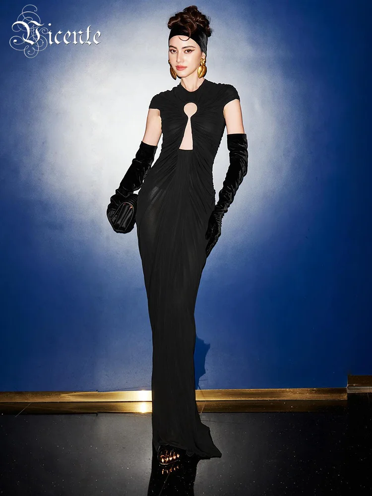 VC Black Long Key Hole Dress Bustier Ruched Mesh Maxi Dress Round Neck ...