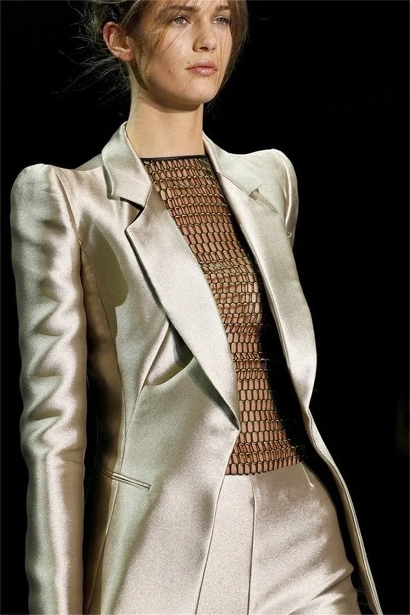 Silver Satin V Neck Women's Suits Set Custom Made 2 Pcs Designer Formal ...