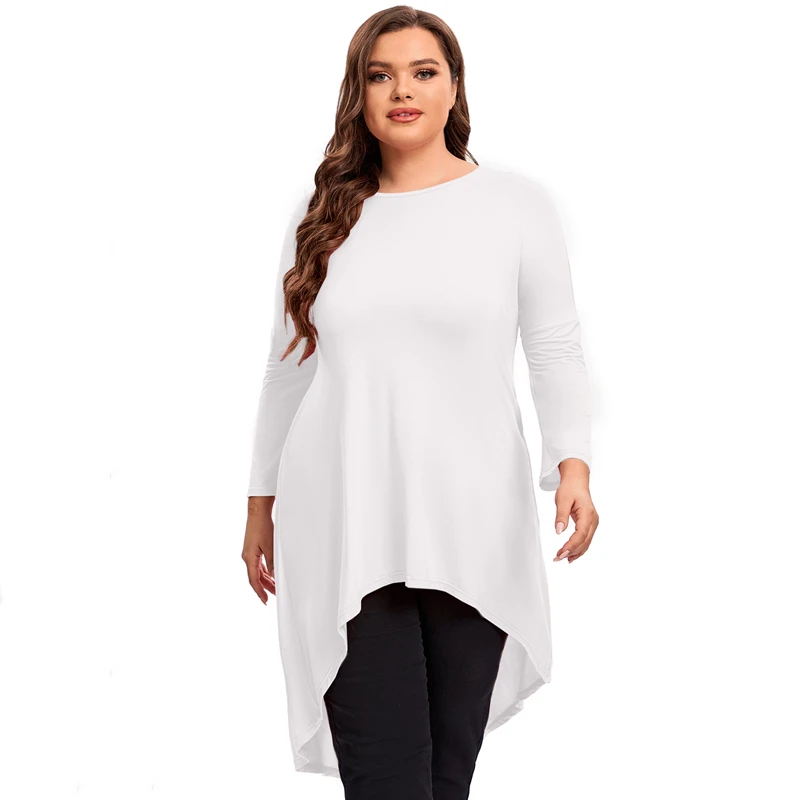 Plus Size Long Sleeve Casual Hi Low Tops Long Loose Fit Flare Basic ...