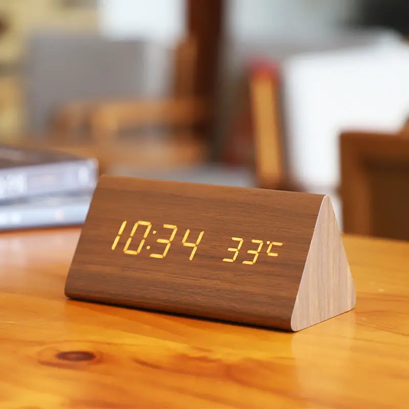 Wooden LED electronic clock pendulum desktop digital luminous silent ...
