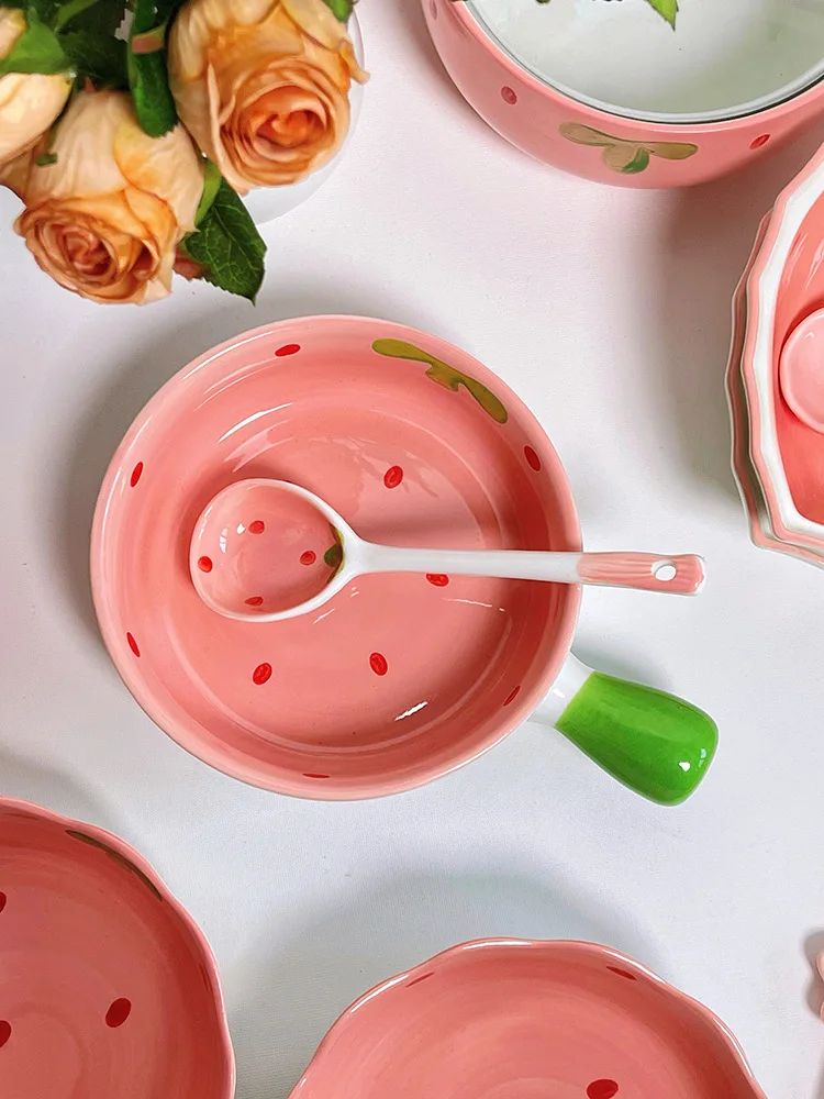 Kawaii Strawberry Ceramic Bowl Spoon Chopsticks Set Cute Girl Instant ...