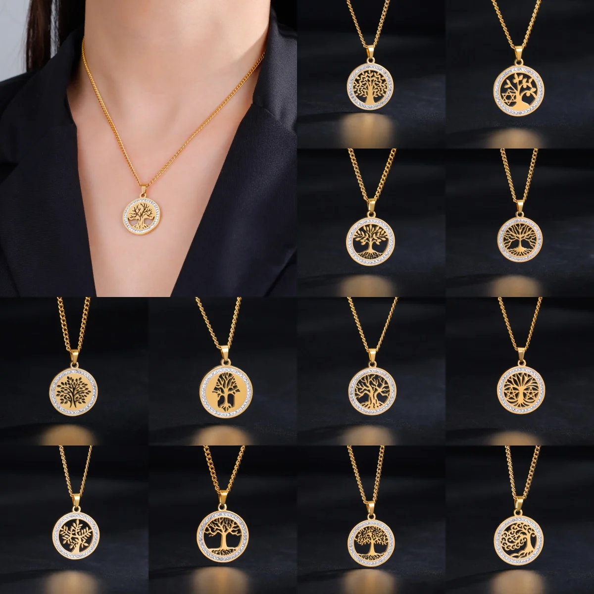 Kkjoy Fashion Stainless Steel Gold Color Tree of Life Crystal Necklaces ...