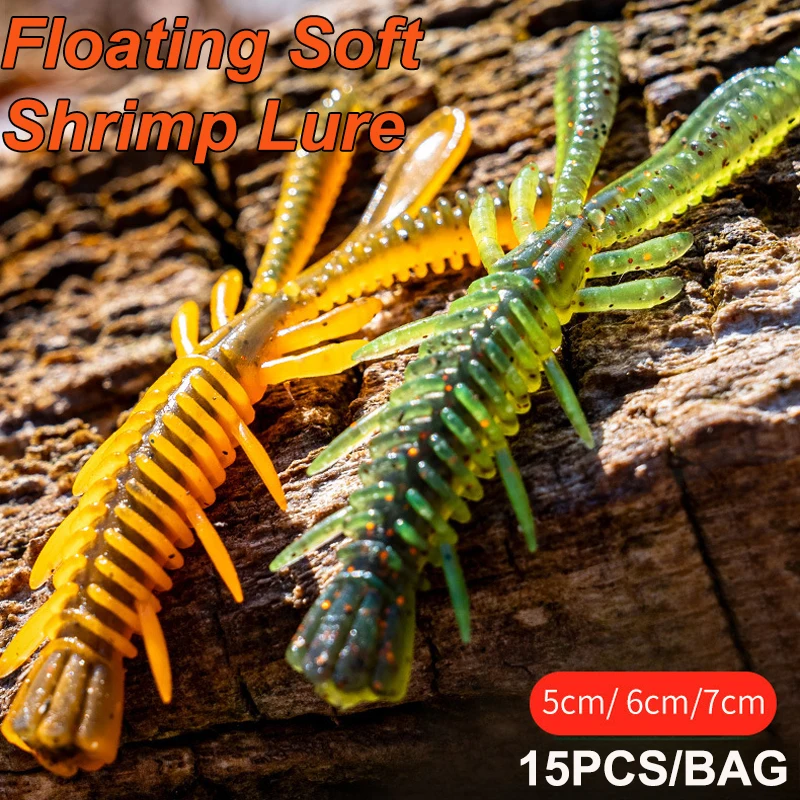 15PCS Floating Soft Shrimp Fishing Bait 5/6/7CM NED Rig Wobbler Shrimp ...