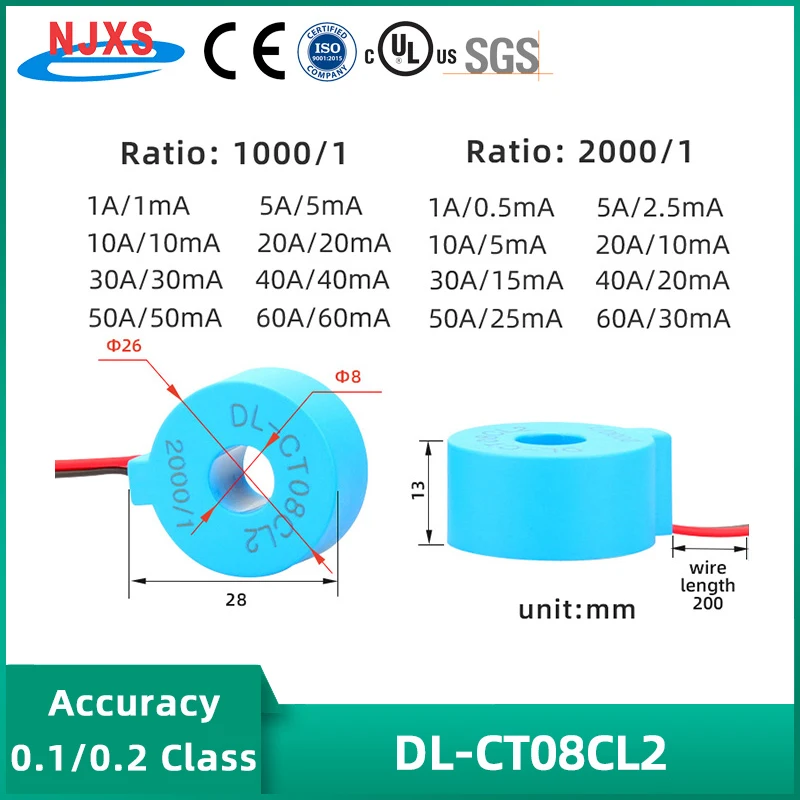 Mini Toroidal Current Transformer AC 0~60A DL CT08CL2 1000/1 2000/1 1A ...