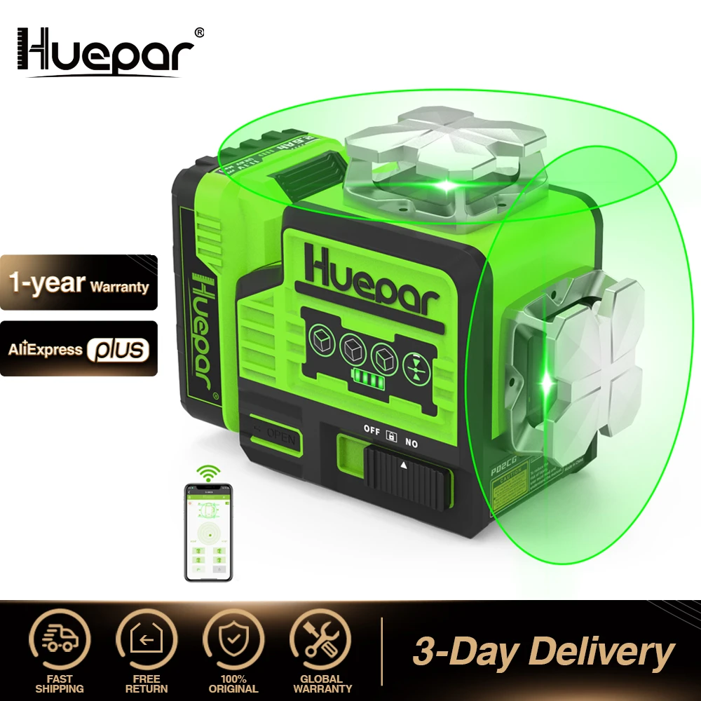 Huepar 2 x 360 Cross Line Laser Level Self leveling Green Beams Level ...