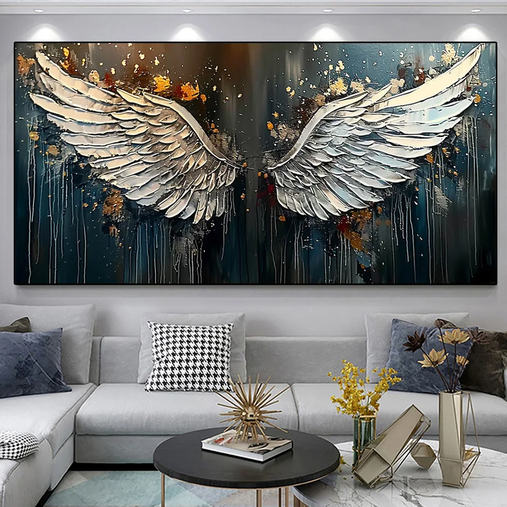 Abstract-Angel-Wings-Posters-Prints-Large-Size-Gold-Gray-Feather-Canvas ...
