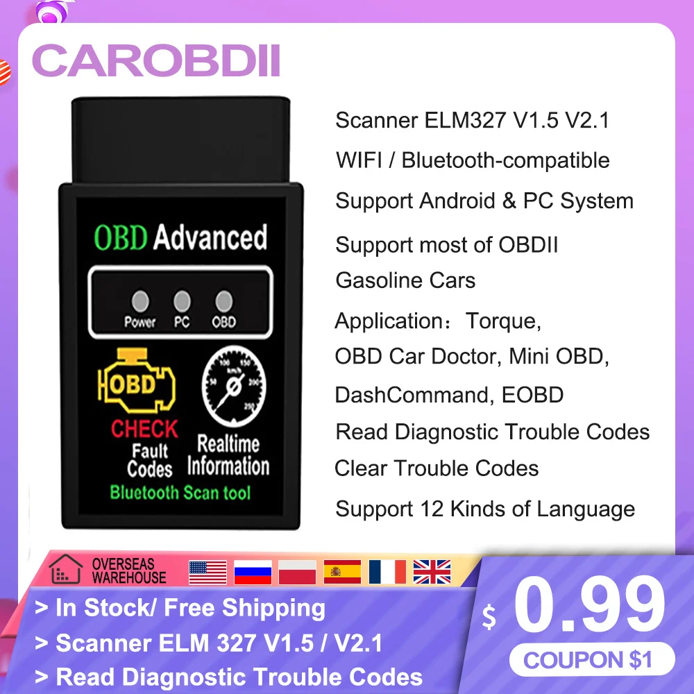 코드 리더 ELM327 V1.5 자동 자동차 OBD2 스캐너 자동차 진단 도구 OBDII 미니 ELM 327 V2.1 안 드 ...