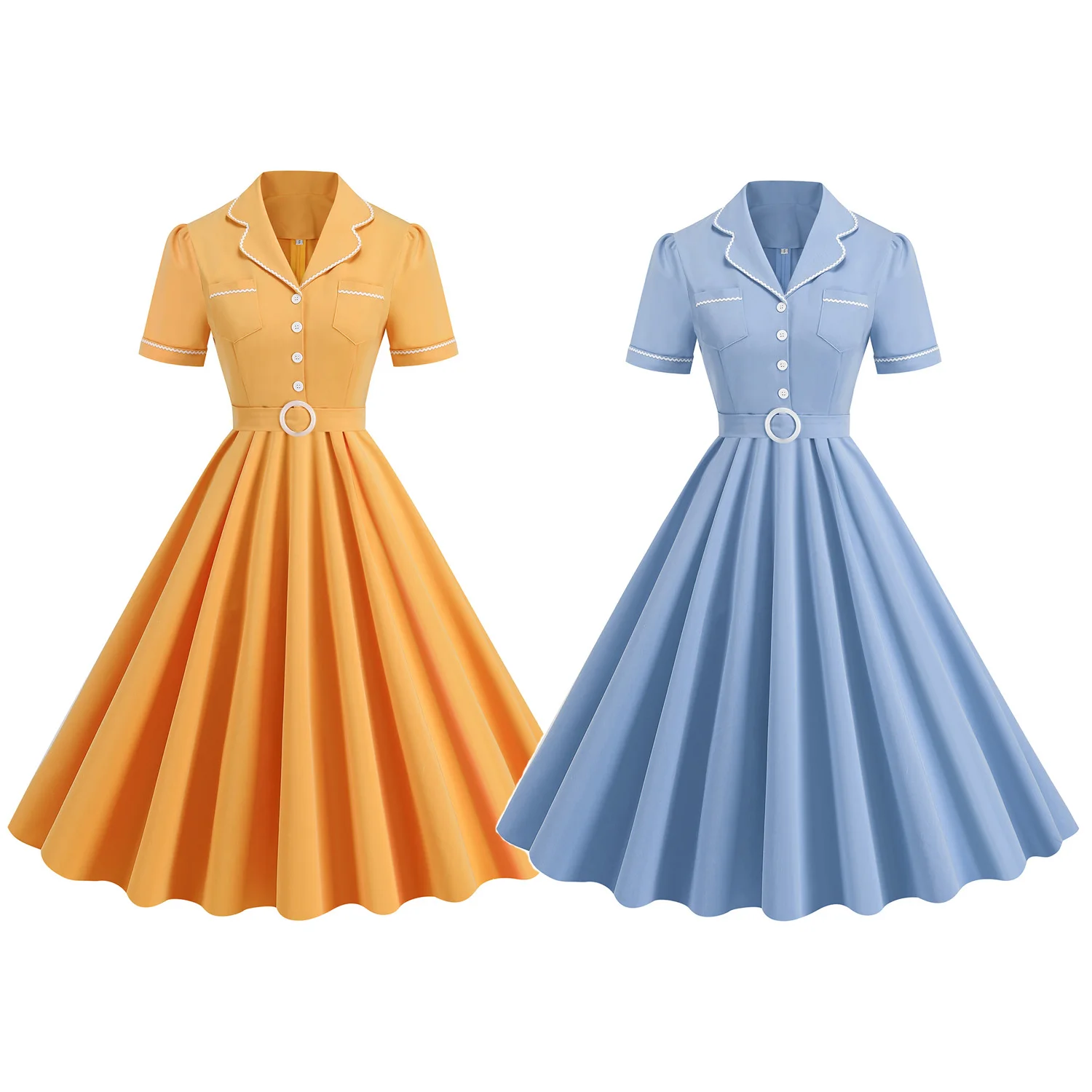 Women Vintage Blue Dress V-Neck 1950s 40s Swing Dress Rockabilly ...