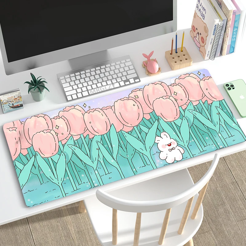 Cute Pink Tulips Mouse Pad Desk Mats Kawaii Large Office Keyboard ...