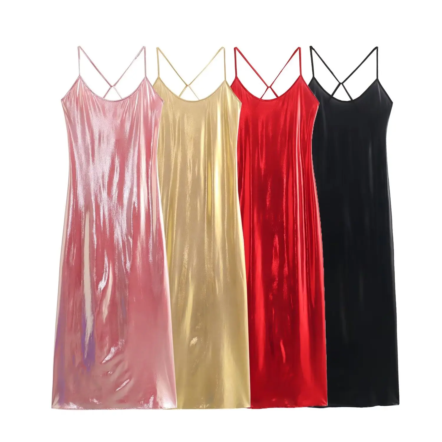 Women-s-Party-Dress-Shiny-Metallic-Traf-Low-Neck-Halter-Backless-Slit ...
