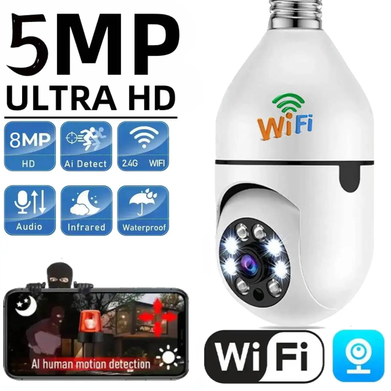 5MP-Wifi-E27-Bulb-Surveillance-Camera-Indoor-4X-Digital-Zoom-AI-Human ...