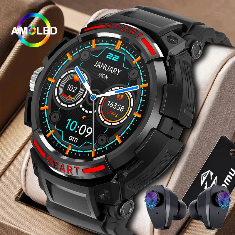 High Quality 2 in 1 Men Smart Watch With TWS Earbuds AMOLED Bluetooth ...