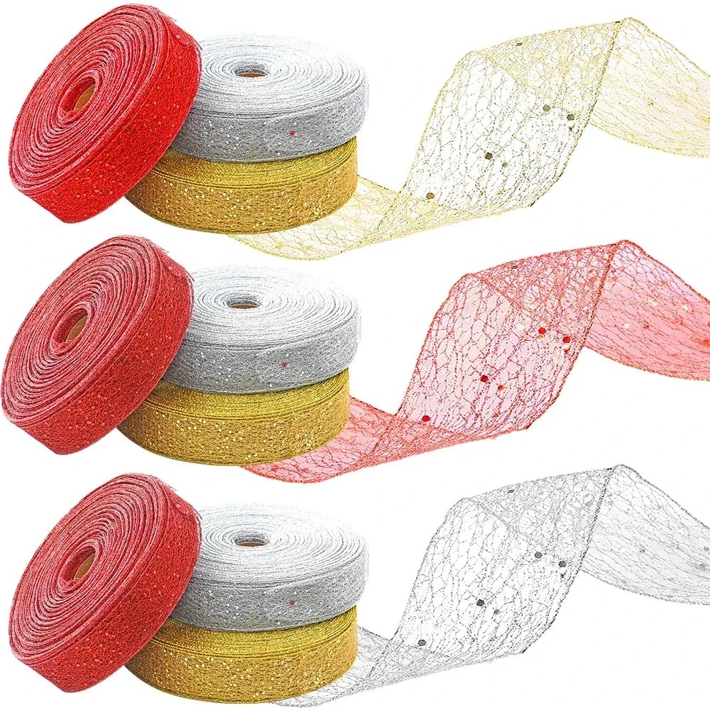 2M Christmas Gauze Ribbon Wrapping Xmas Tree Christmas Hollow Out Shiny ...
