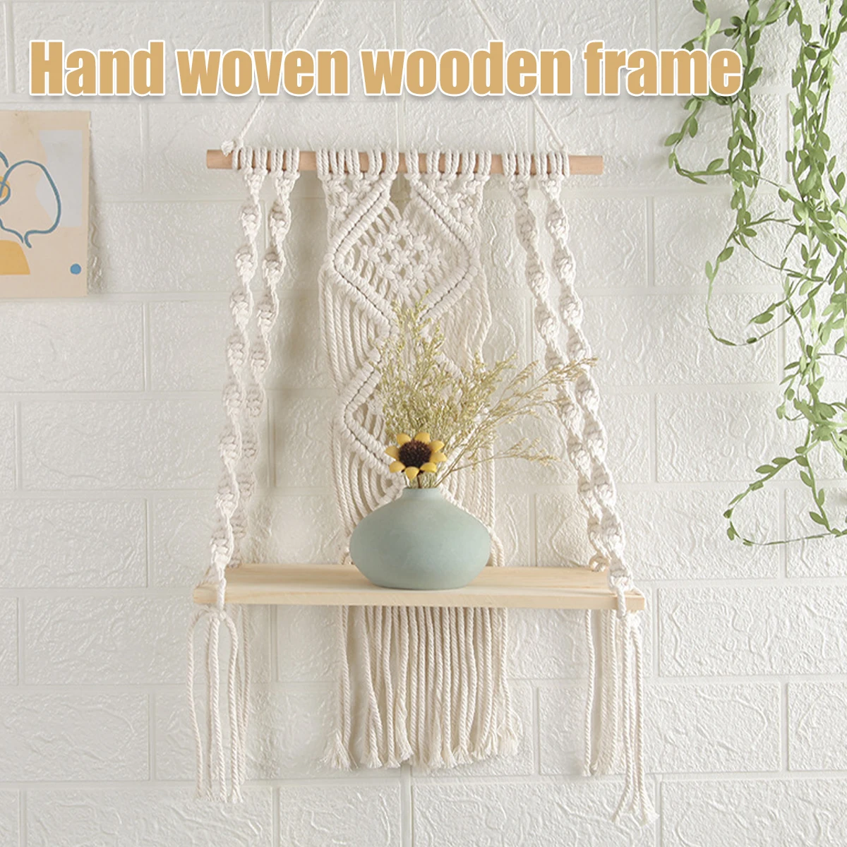 Wooden-floating-shelves-hanging-bohemian-style-woven-rope-wall-hangers ...