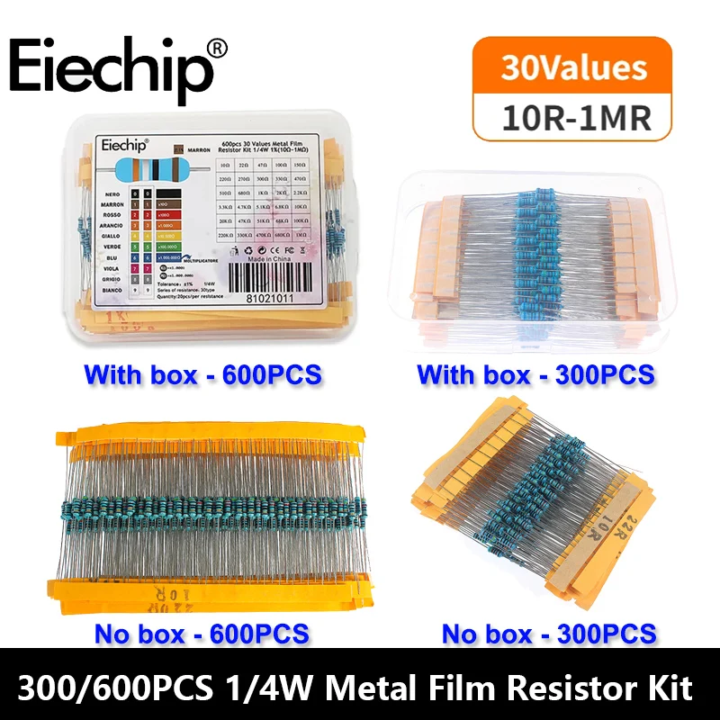 300/600pcs 1% Resistor Set Resistance 1/4W Metal Film Resistors Kit ...