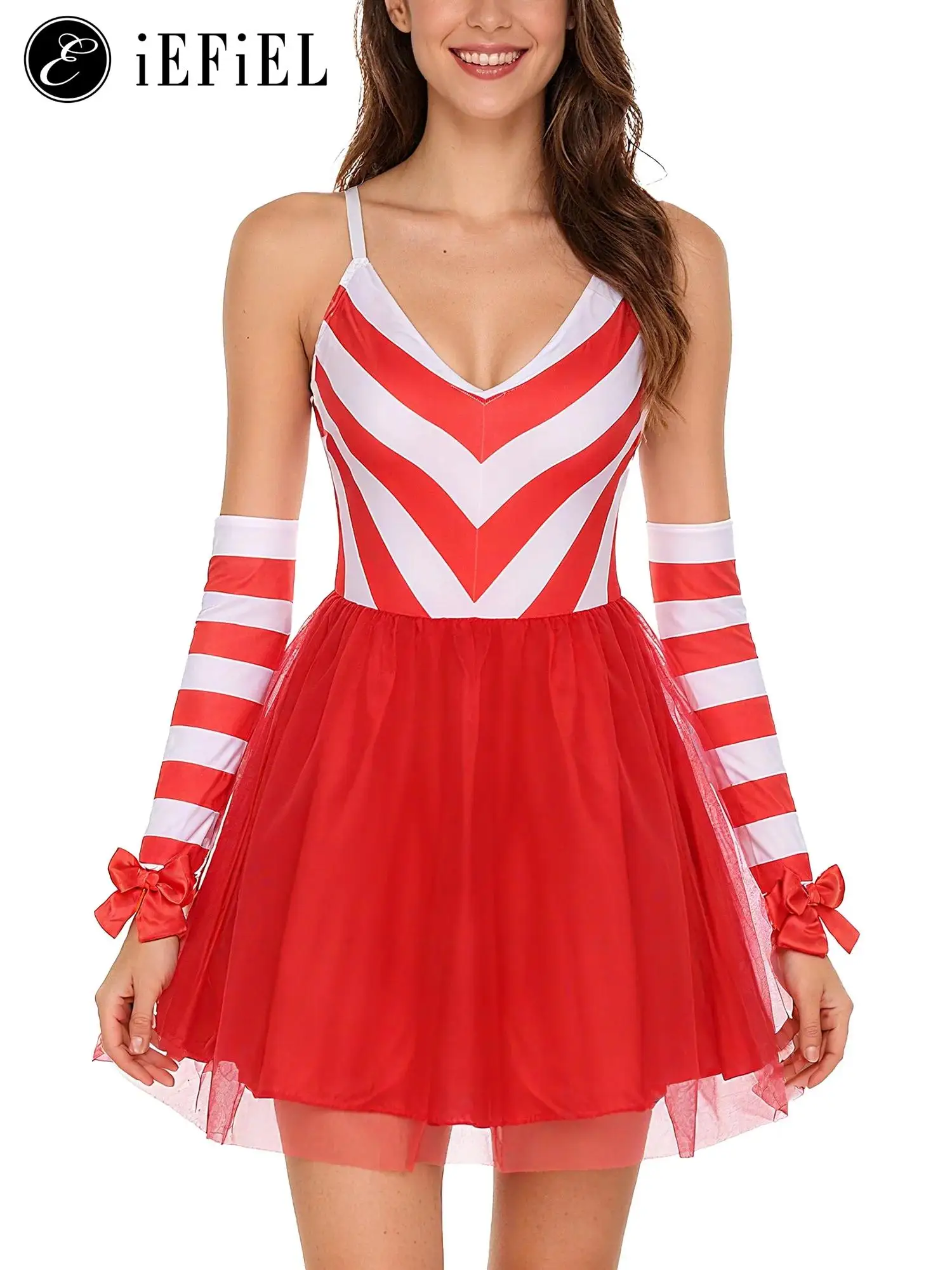 Adult Miss Santa Christmas Dance Costume Spaghetti Straps Candy Striped ...
