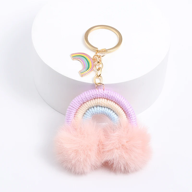 Lovely-Keychains-Cute-Colorful-Rainbow-Wool-Plush-Ball-Key-Rings-For ...