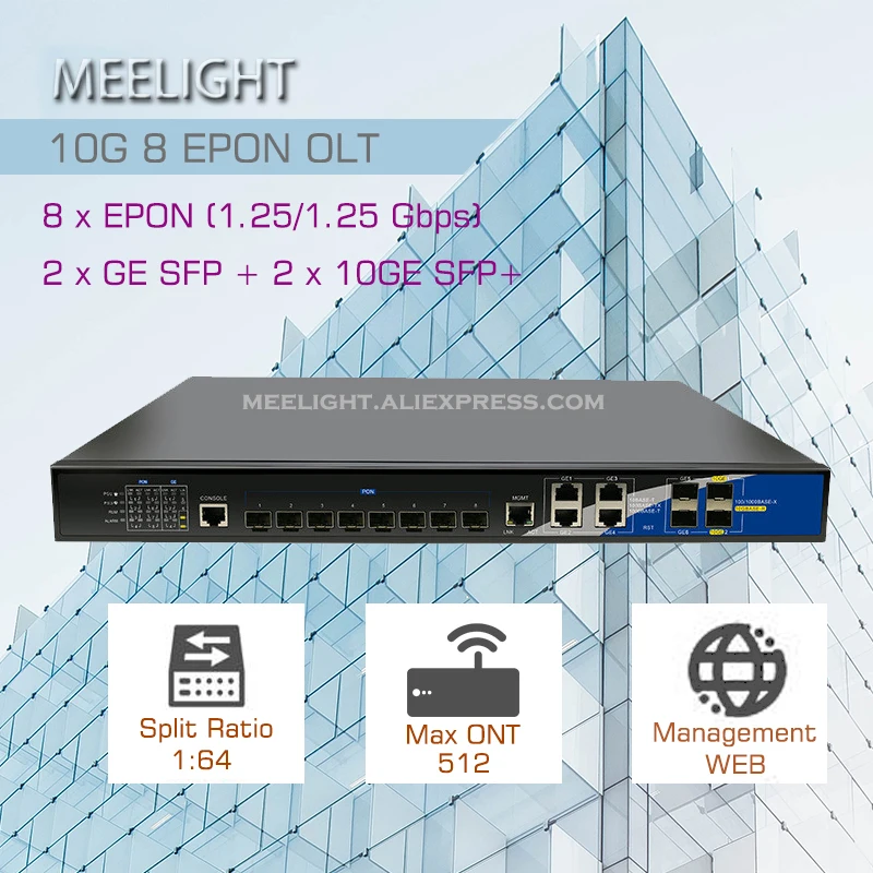 10G 8 EPON OLT 1.25G Px20 + GBIC 7dB L3 스위치, 웹 관리 플러그 앤 플레이, 화웨이 Zte ...