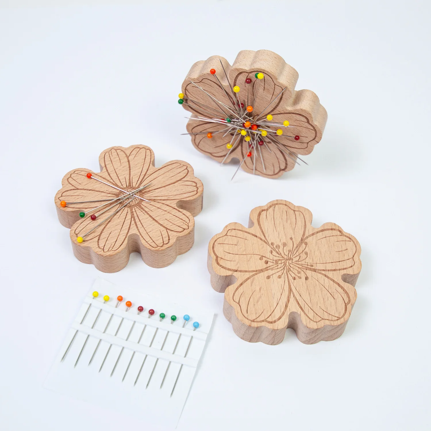 Beech Wood Flower Shaped Magnet Needle Holder Glass Head Bead Luminous ...
