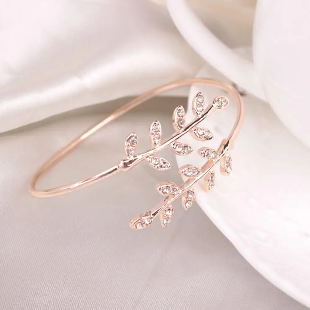 Fashion Women Rhinestone Inlaid Leaf Adjustable Opening Bracelet Bangle ...