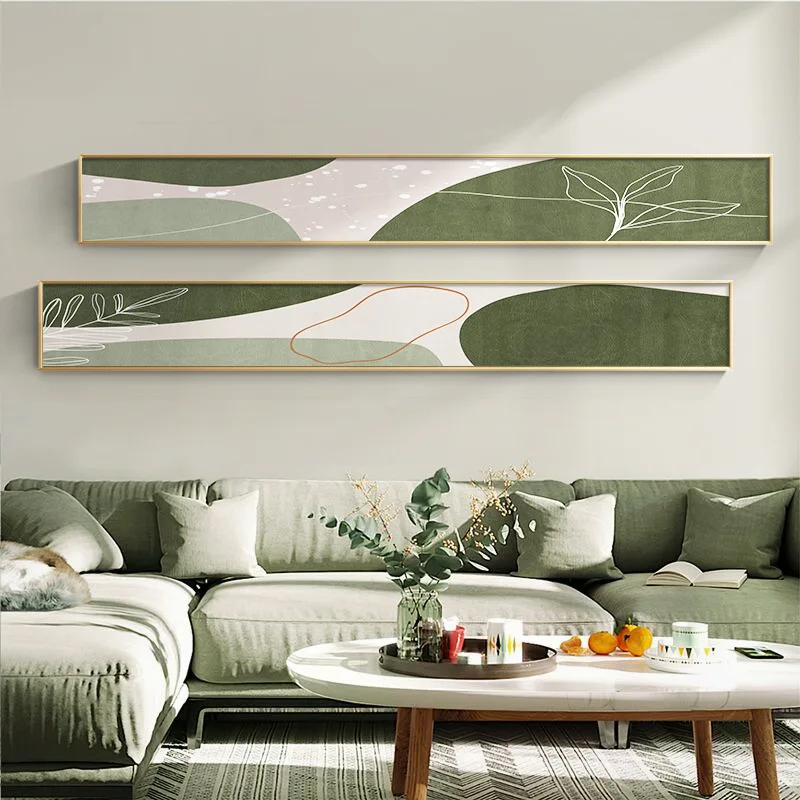 Green-Beige-Abstract-Canvas-Picture-with-Frame-Plant-Line-Color-Block ...