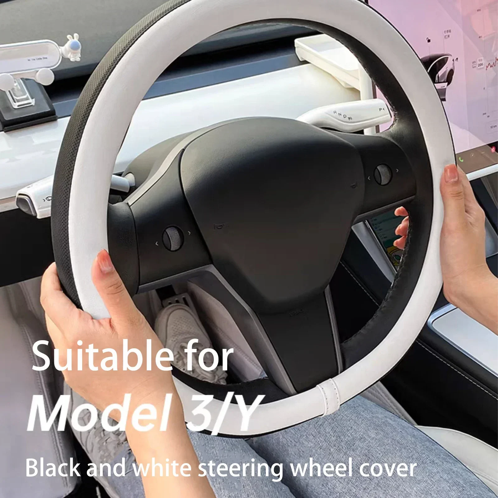 For-Tesla-Hand-Sewn-Black-Leather-Steering-Wheel-Cover-Model-3-Model-Y ...