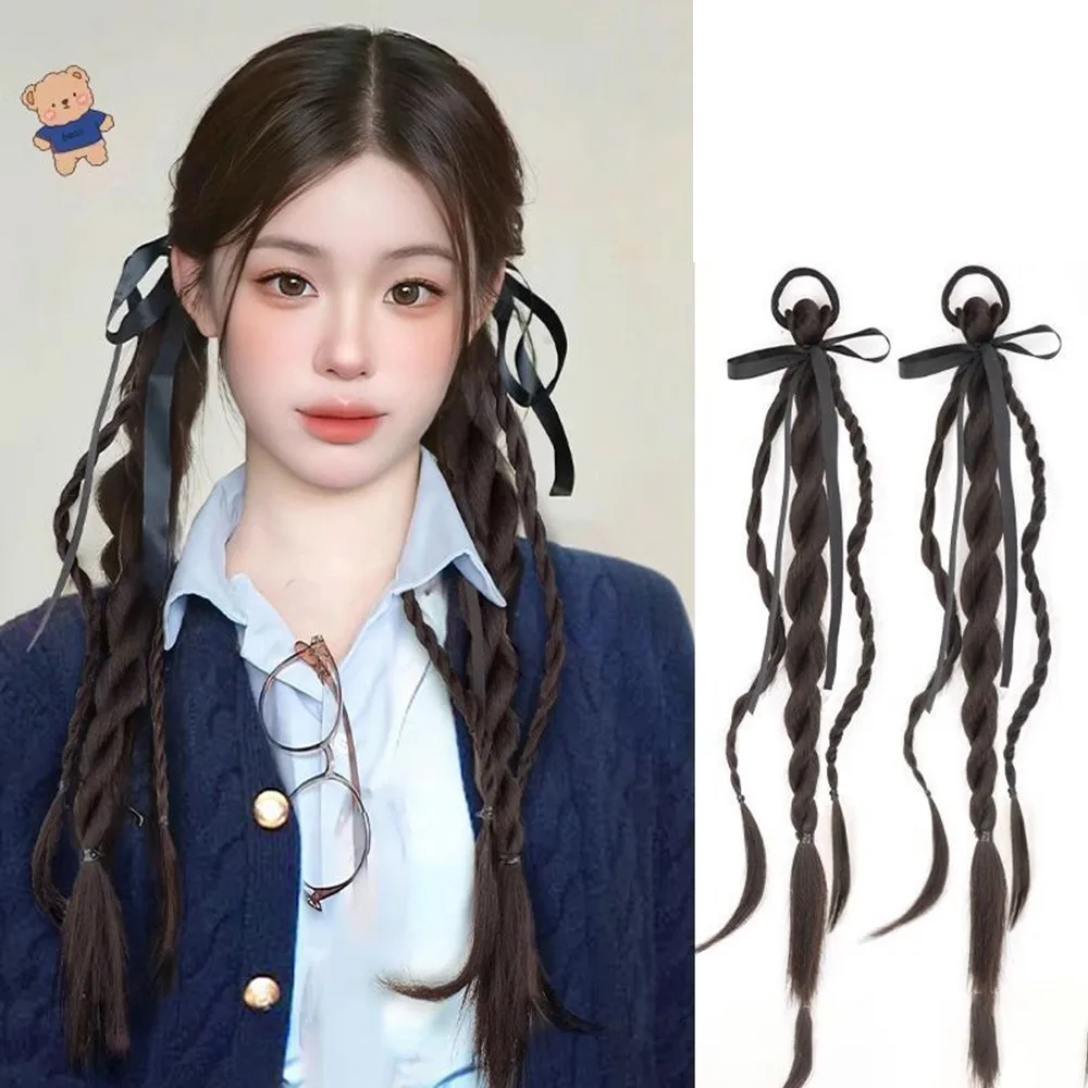 Synthetic Wig Double Twist Braid Head Rope Ribbon Female Sweet Natural ...