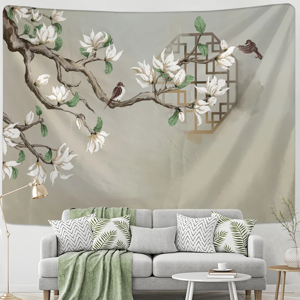 Flower And Bird Ink Painting Tapestry Wall Hanging Antique Hippie Tapiz ...