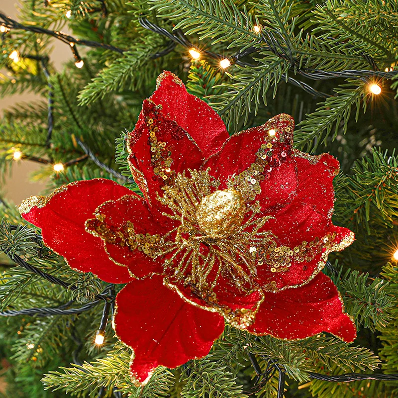 1pcs-Christmas-Flowers-Red-Gold-Bling-Flower-Heads-For-Noel-Home-Tree ...