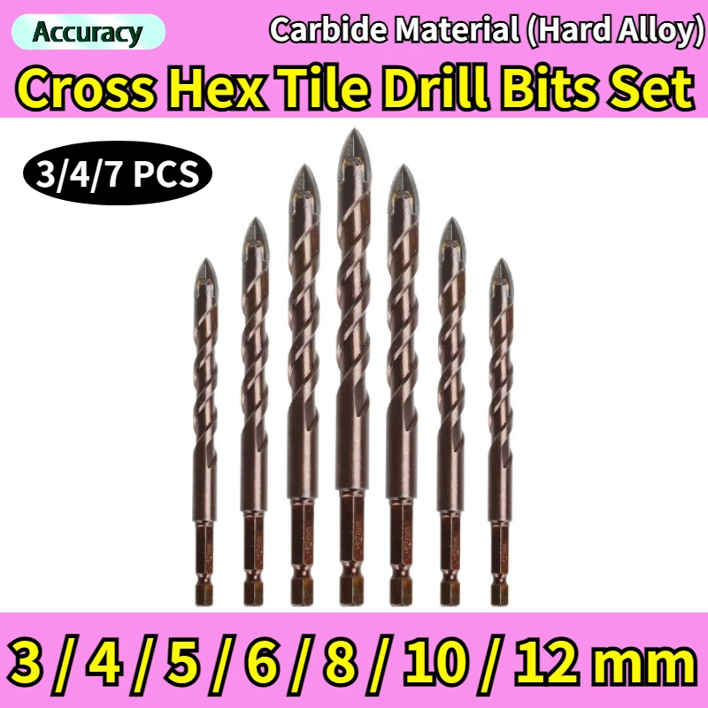 Hard Alloy 3 12mm Cross Hex Tile Drill Bits Set for Glass Ceramic ...