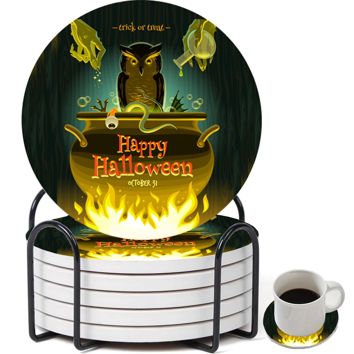 6Pcs-Halloween-Decor-Coaster-Ceramic-Coasters-With-Holder-Absorbent ...