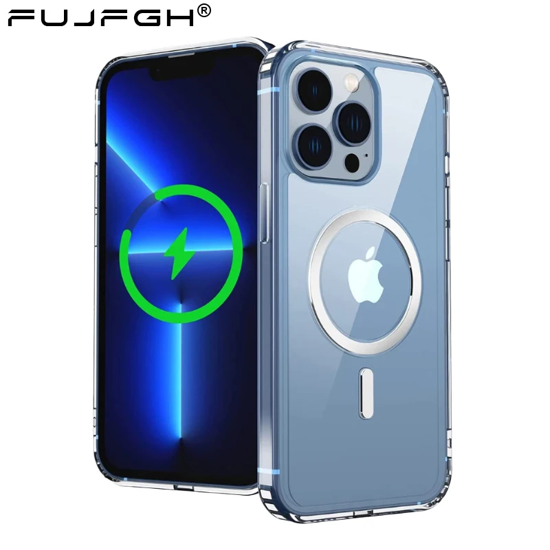 Magsafe funda de carga inalámbrica magnética transparente, cubierta acrílica dura para iPhone 14 ...