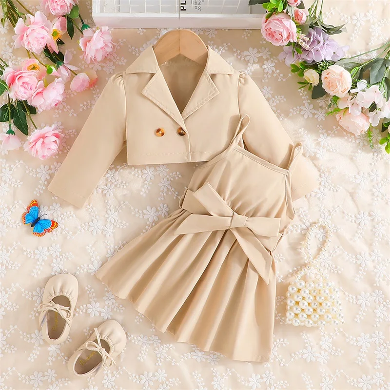 Little-Girl-2-Pcs-Dress-Outfit-Solid-Color-Long-Sleeve-Lapel-Jacket ...