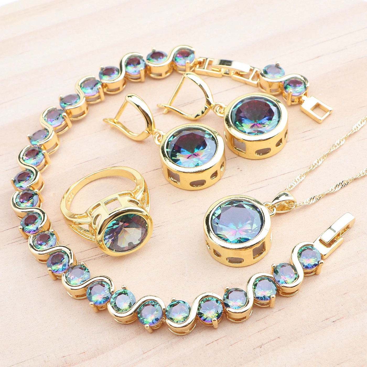 925 Silver Gold Color Jewelry Sets Magic Rainbow Zircon Bridal For ...