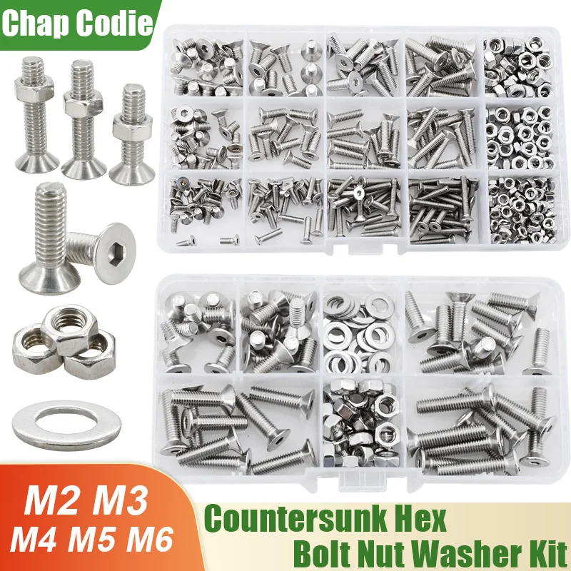304-Stainless-Steel-Screw-Bolt-Nut-Washer-Kit-Countersunk-Hex-Allen ...