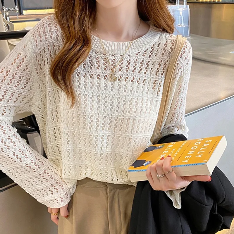 Open Knit Sweater Long Sleeve Tops Round Neck Crop Pullover Blouse ...