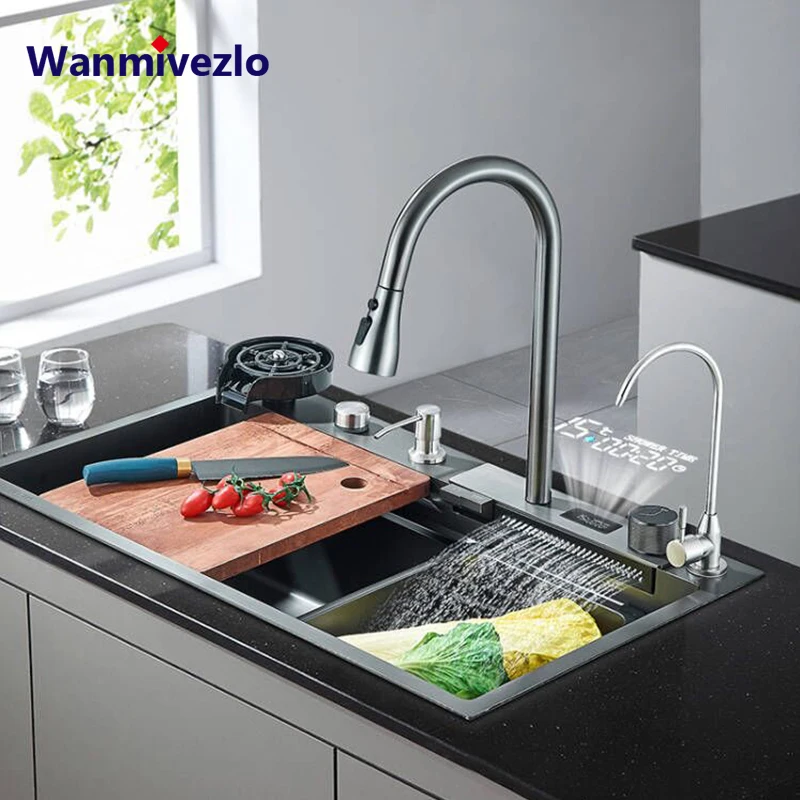 Waterfall-Kitchen-Sink-304-Stainless-Steel-Sink-Large-Single-basin-With ...