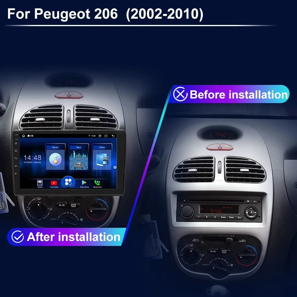 Android Auto Radio stereo For Peugeot 206 206CC 206SW 2001-2008 Car ...
