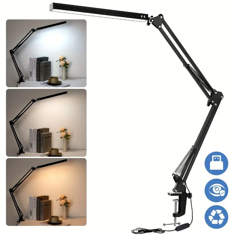 LED Desk Lamp with Clamp 3 Color Table Lamp with Adjustable Swing Arm ...