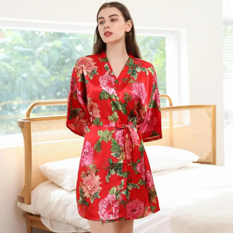 Bata Kimono de satén con flores rojas para mujer, ropa de baño sedosa ...