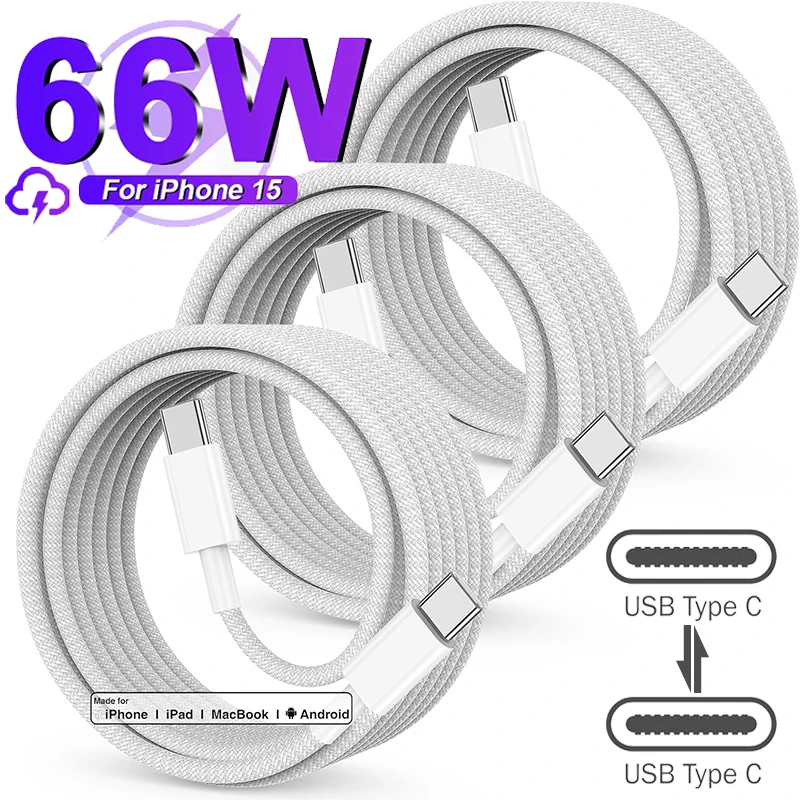 USB Type C to Type-C 66W Fast Charging Data Cord For iPhone 15 Plus 15 ...