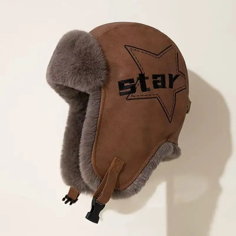 New Retro Leather Motorcycle Lei Feng Hat Winter Plus Thickened Pilot ...