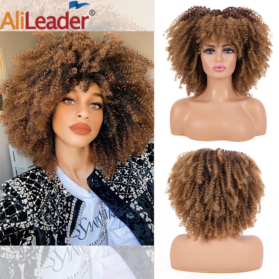 Afro Kinky Curly Perucas Com Franja Fofo Cabelo Sintético Cosplay ...