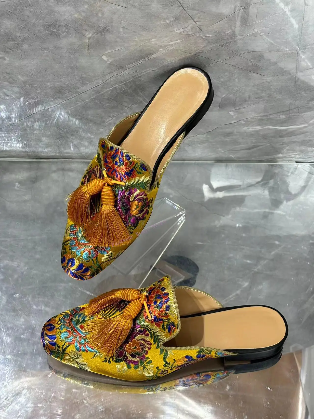 Men's Luxury Colorful Embroidery Mules Shoes Comfortable Slip On Fringe ...