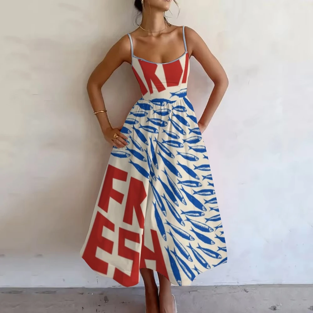 Trendy-Sardines-Graphic-Dress-Spliced-Design-Sense-Waist-Strap-Dress ...