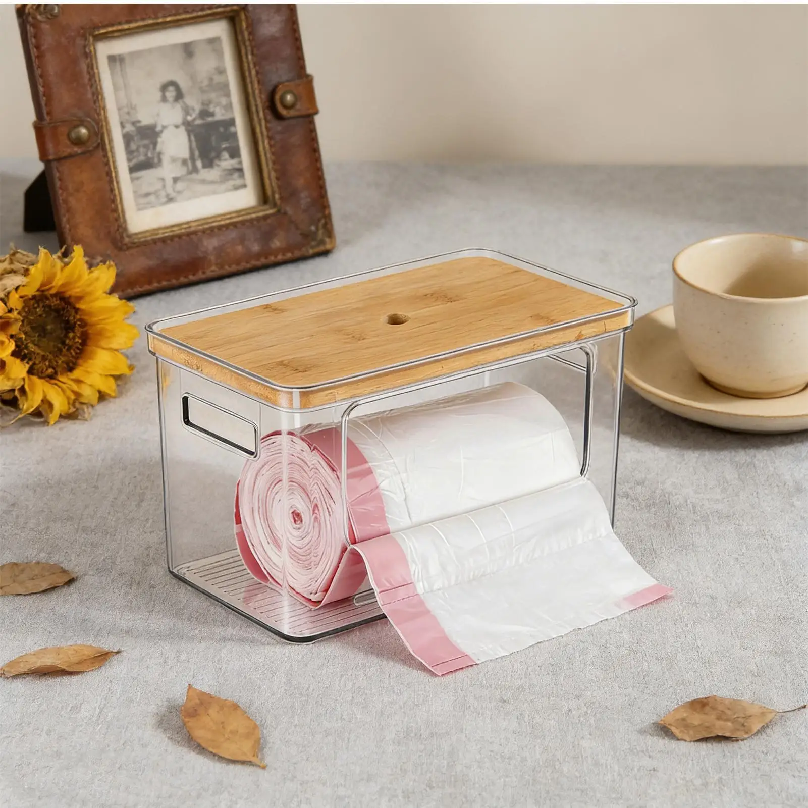 Bamboo Lid Garbage Bag Dispenser Box Holder Kitchen Trash Bag Dispenser ...